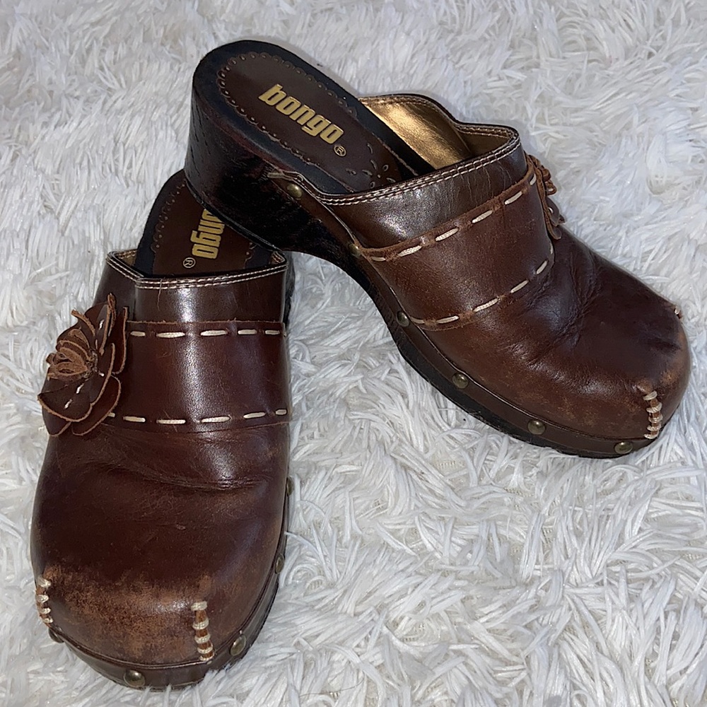 Vintage 1990 Bongo Allie Leather Clogs With Flower 6 - Gem